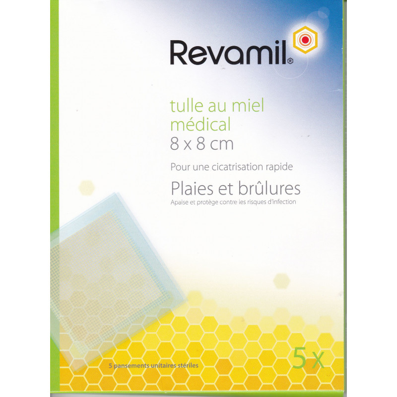 Revamil tulle au miel médical 5 x 5 cm ou 8x8 cm boîte de 5 pansements ...