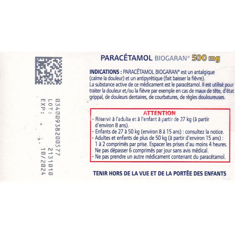 Paracétamol 500 mg boîte de 16 comprimés secs Biogaran