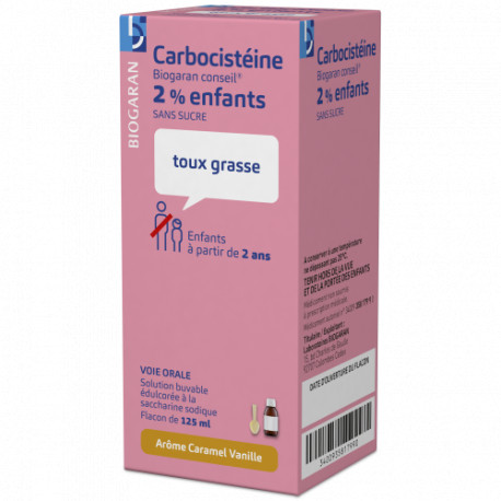 Carbocistéine 2 % Sirop sans sucre Toux grasse enfants Biogaran conseil