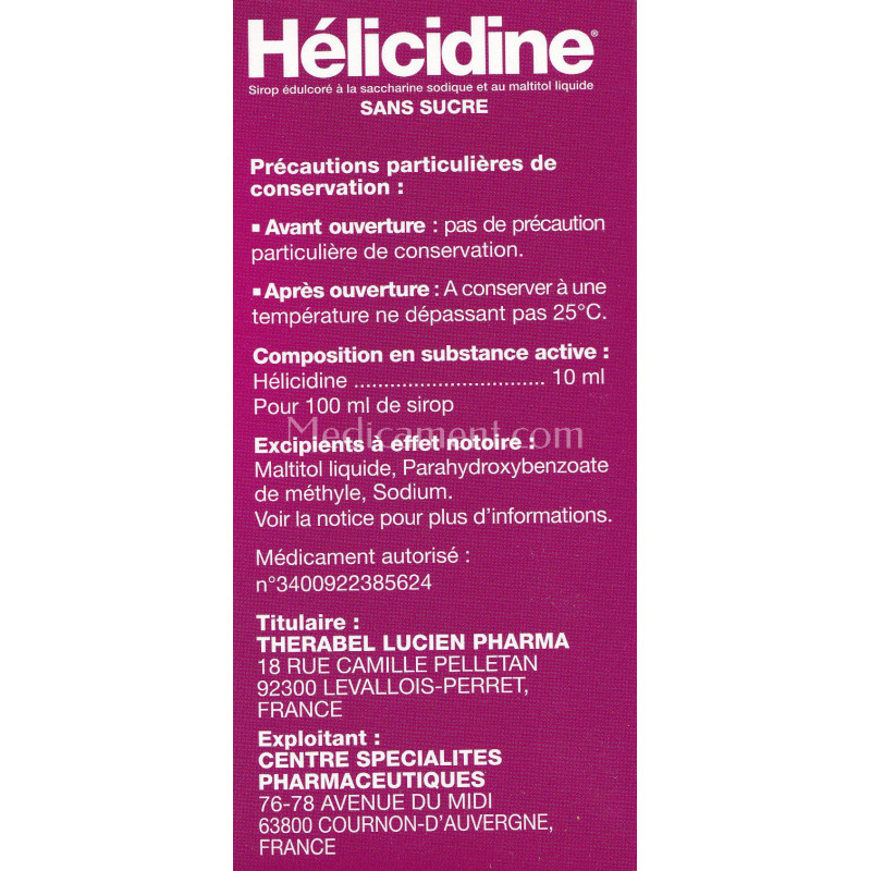 Hélicidine sirop antitussif sans sucre flacon de 250ml