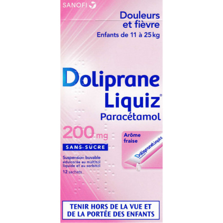 Doliprane Liquiz 200 mg, douleurs et fièvre chez l'enfant de 11 à 38kg