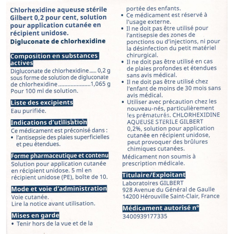 Solution antiseptique Chlorhexidine aqueuse stérile 0,2% Gilbert