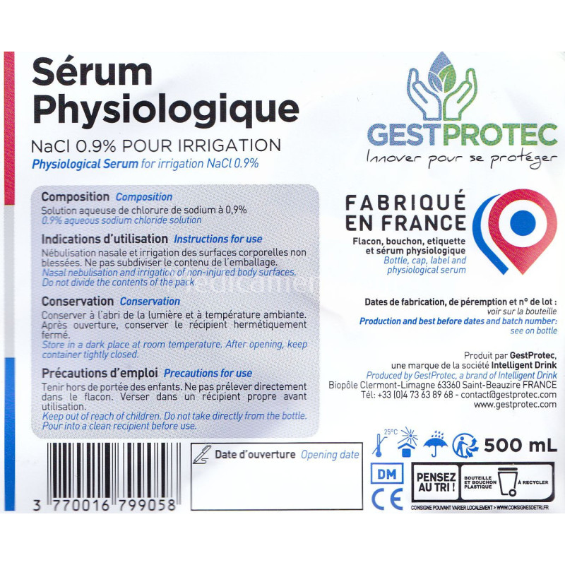 Sérum Physiologique NaCl 0,9% pour irrigation nasale ou soin des plaies