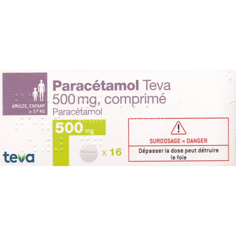 Paracétamol 500 mg boîte de 16 comprimés secs Teva conseil