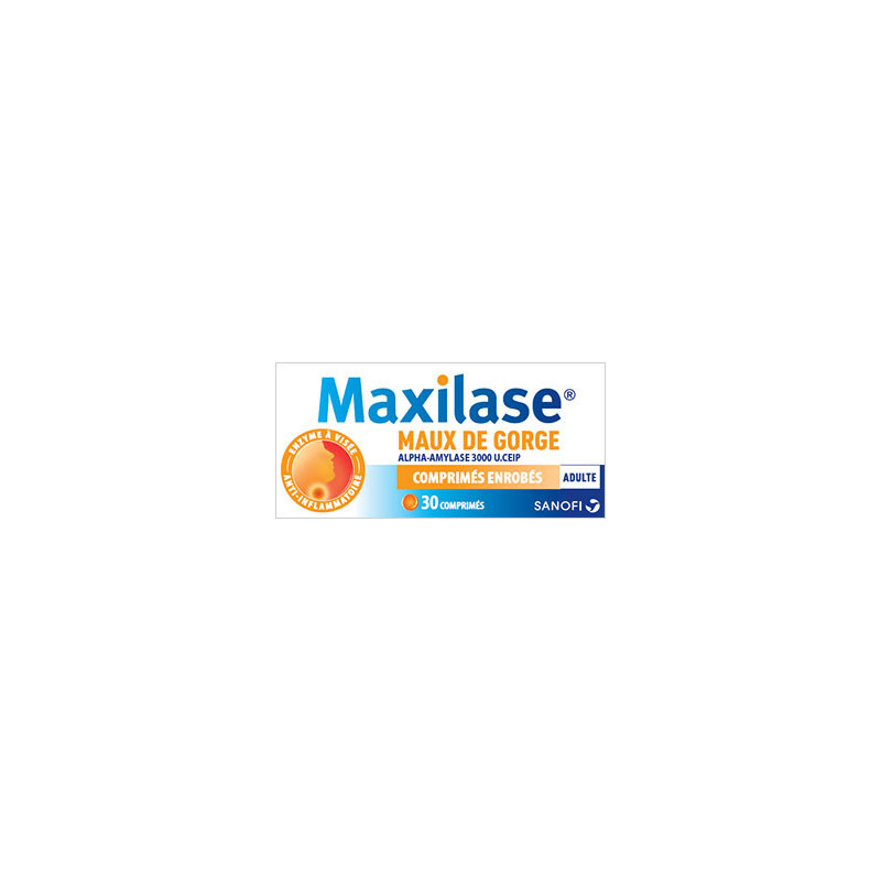 Maxilase boîte de 30 comprimés enrobés, maux de gorge chez l'adulte