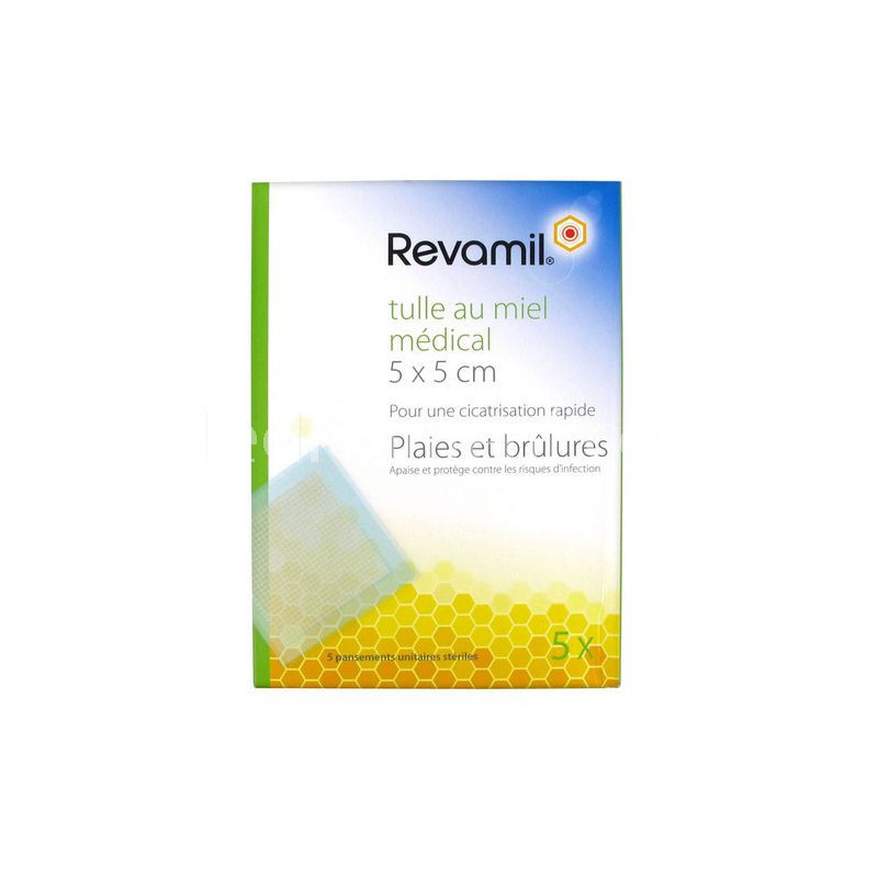 Revamil tulle au miel médical 5 x 5 cm ou 8x8 cm boîte de 5 pansements ...